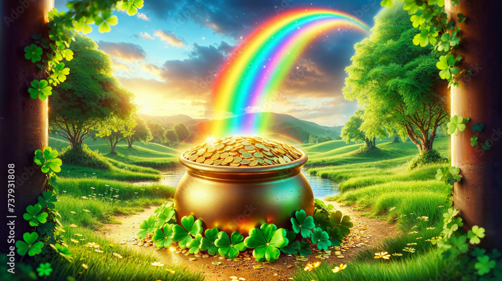 Pot of gold at end of rainbow, surrounded by clovers and picturesque ...