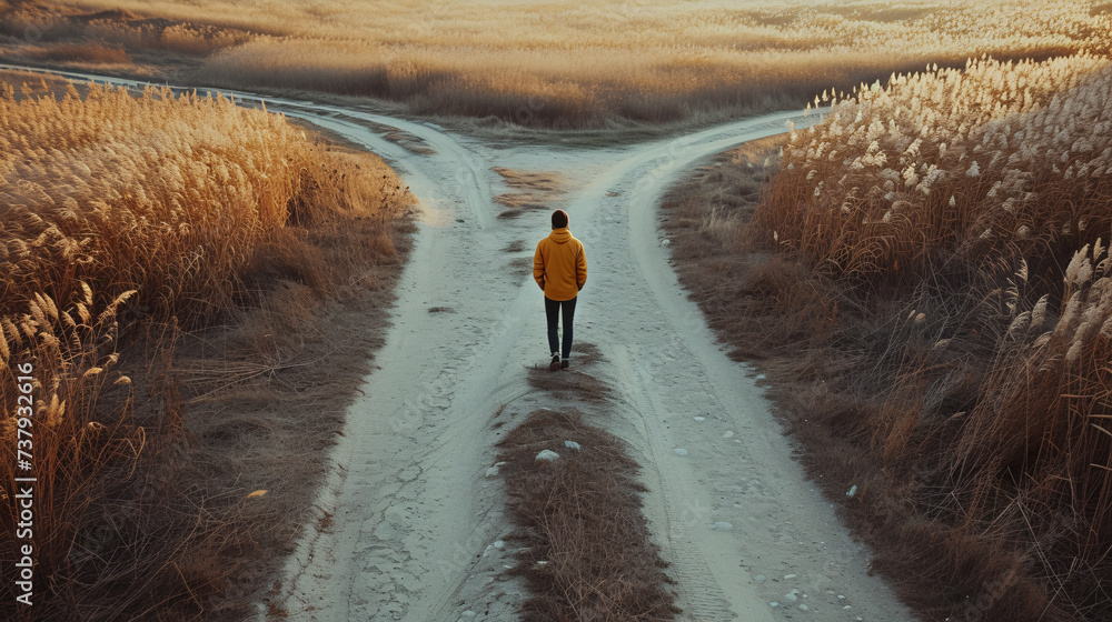 Foto de Decision-making concept, a person standing in front of a fork ...