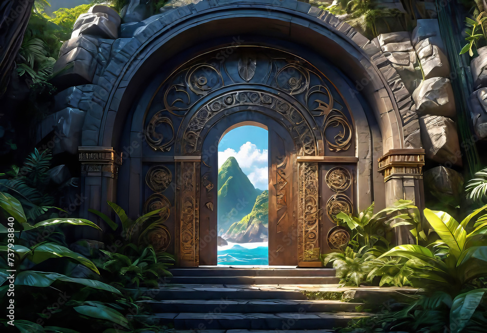 Fantasy illustration, a round entrance in the rock to a magical elven ...