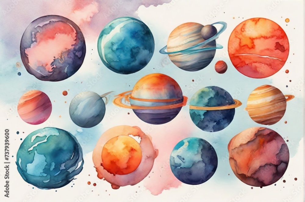 Watercolor set of planets of the Solar System. Hand drawn isolated ...
