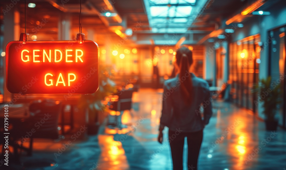 Back view of a professional woman walking towards a glowing GENDER GAP ...