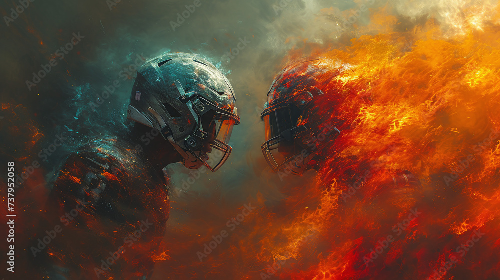 two football players in football helmets clashing in the stadium, in ...