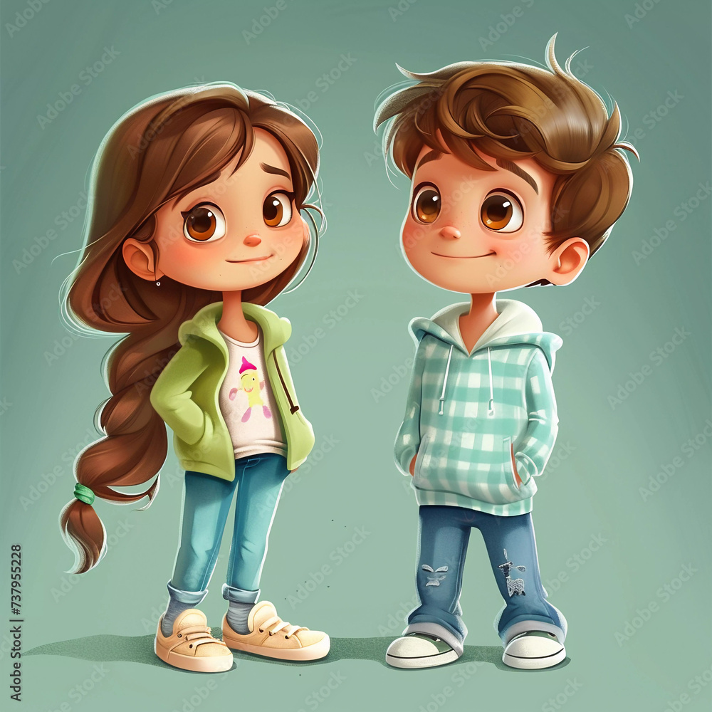 Illustration of cute little boy and girl standing together, cartoon ...