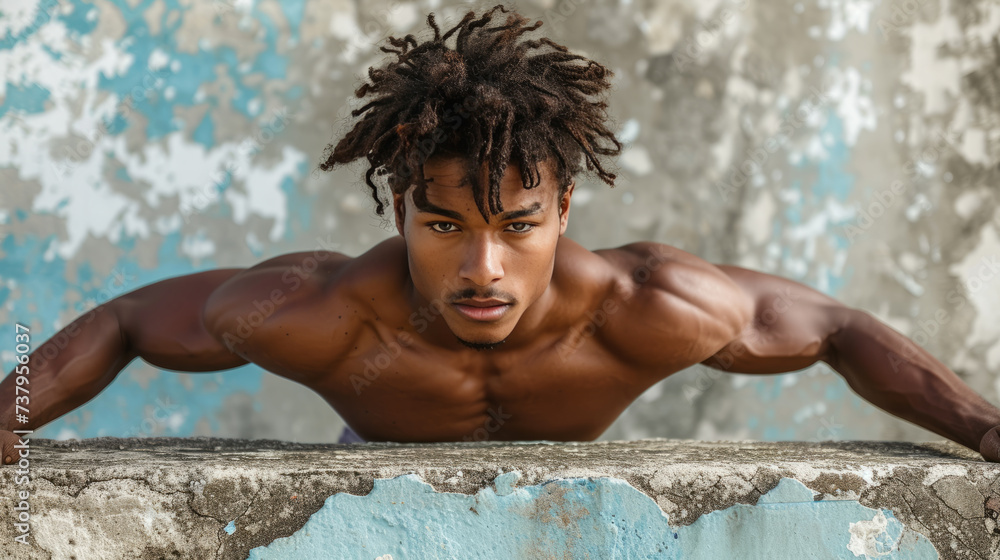 Portrait of a young male traceur doing parkour trick on an urban wall ...