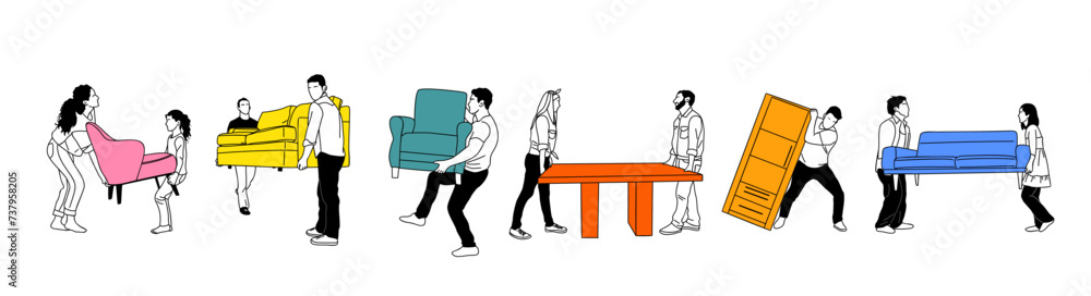Set of Different People with various furniture. Men, women carrying ...