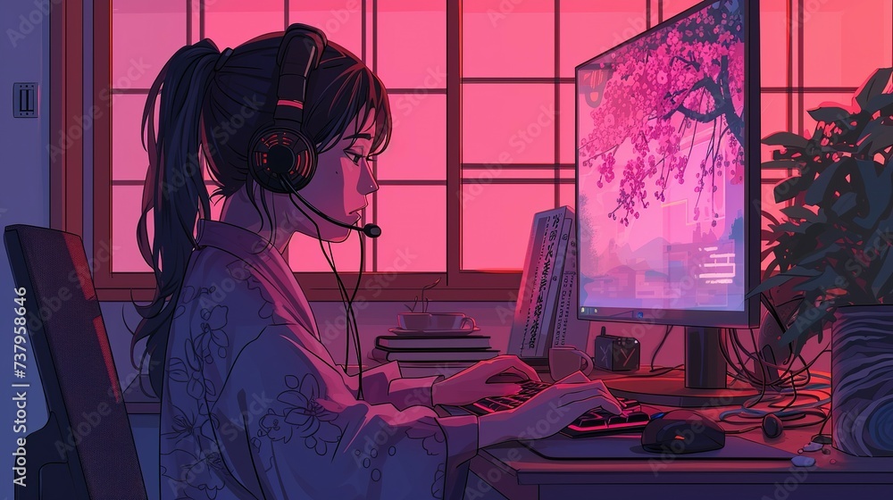 Anime Girl concept, woman with headset on a desktop computer Stock ...