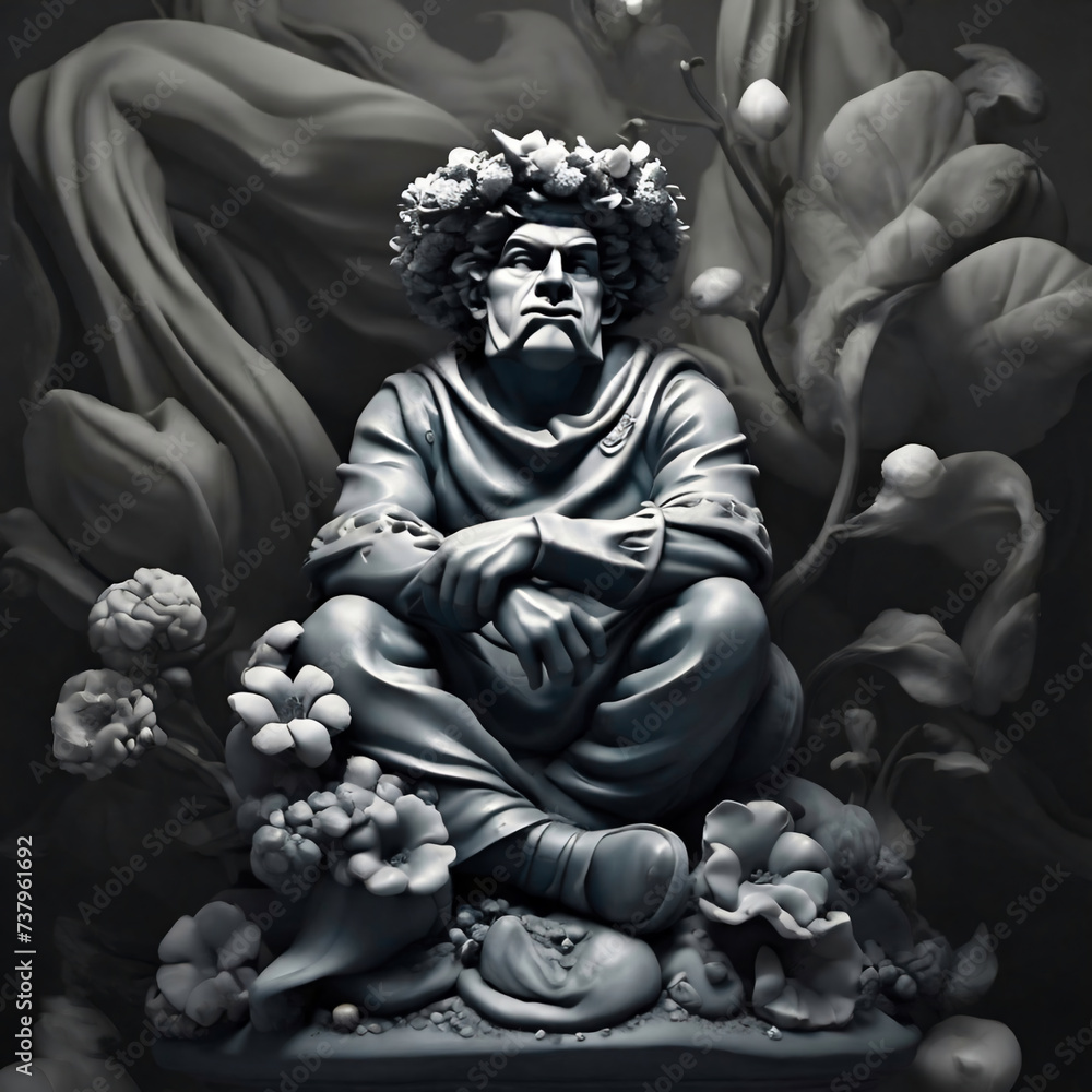 Statue of a sad man with a wreath of olive leaves on his head on a gray ...