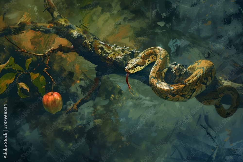 The tempter serpent and the forbidden fruit on a tree branch in the ...