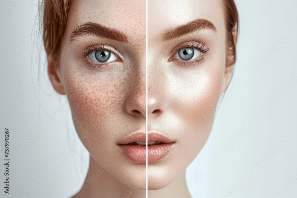 face collage close-up of problematic and healthy skin of a young girl's ...