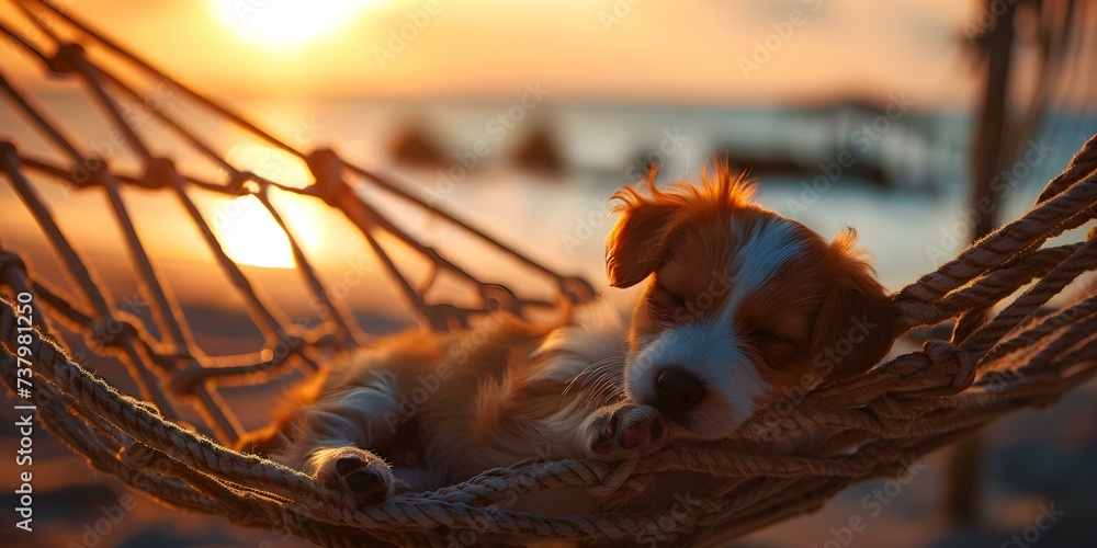 Serene sunset scene as cute puppy naps on beach hammock. Concept Beach ...