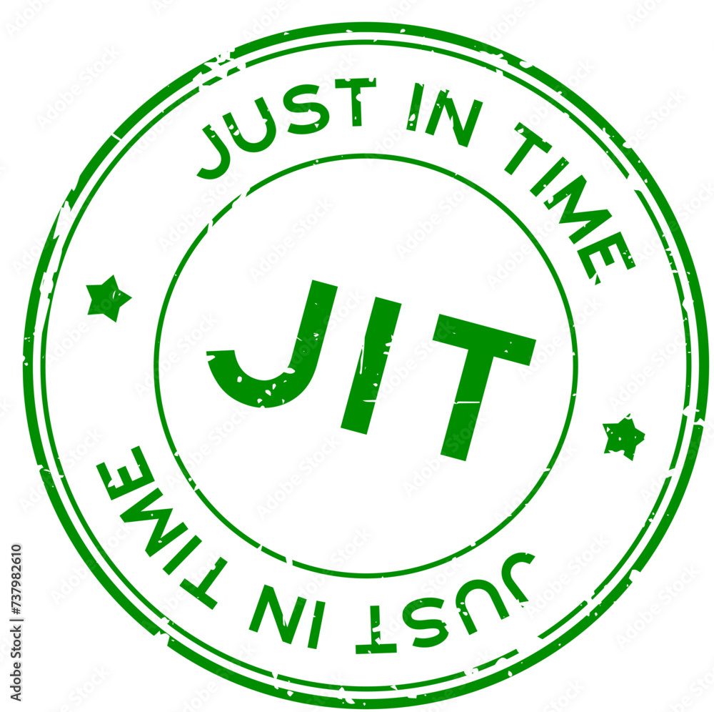 Grunge green JIT just in time word round rubber seal stamp on white ...