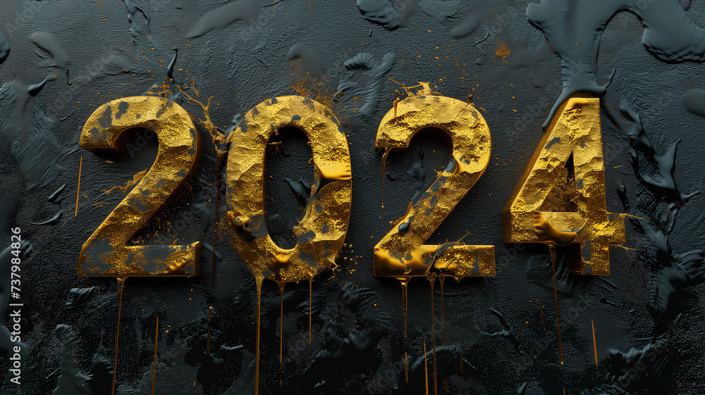 Number 2024 3d Shiny Gold on Black Background. Sprinkled with luxurious ...