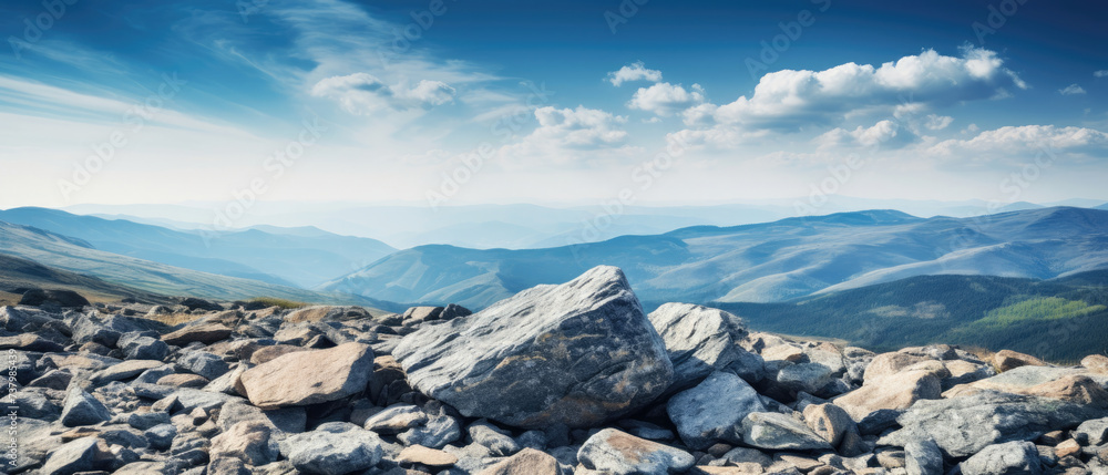 The natural rocky landscape stretches over sloping mountain land below ...