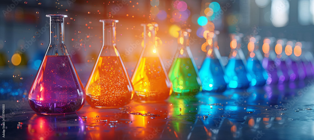 banner of Neon, contrast flasks on the table in laboratory. luminophore ...