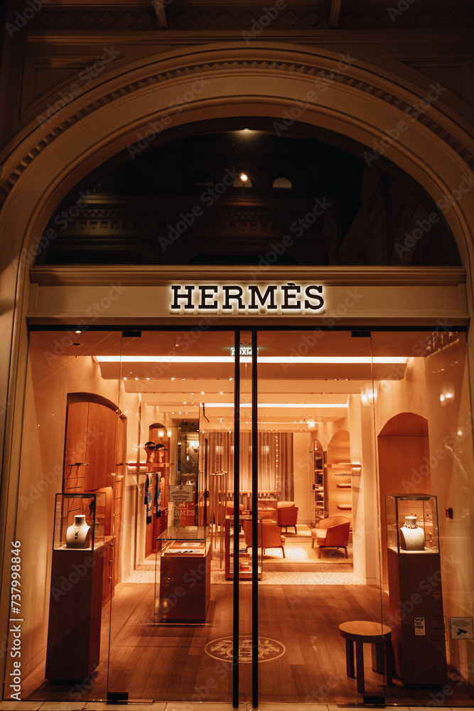 Classy facade interior of a famous Hermes store in a shopping mall ...