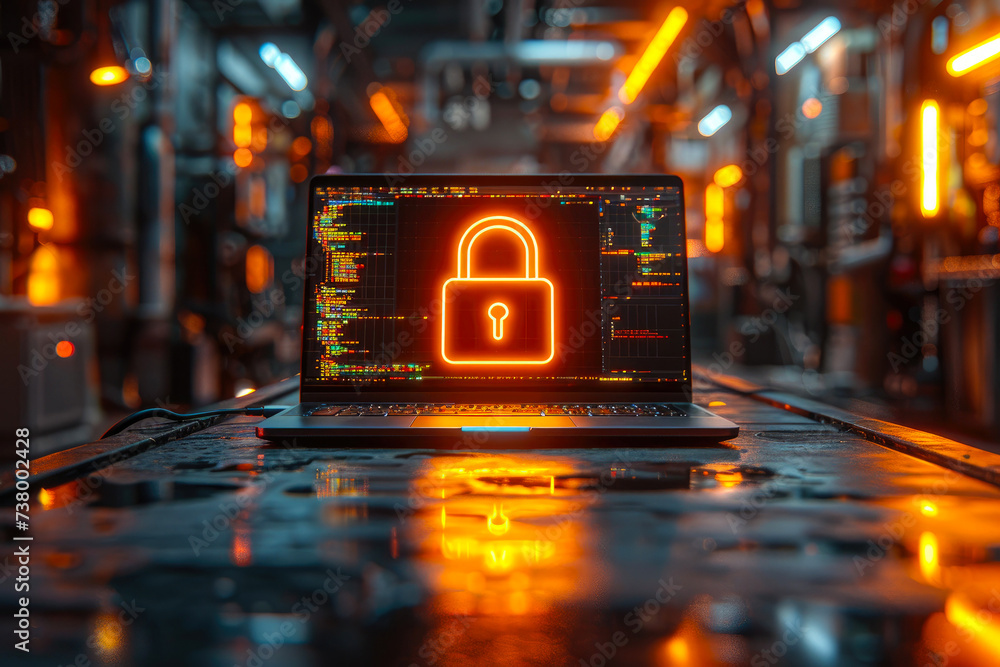 A solitary laptop with a lock on its screen stands in a dimly lit ...