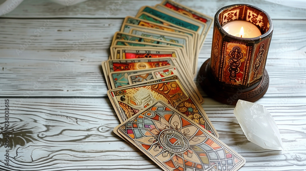 Tarot and oracle card spread on white wooden table with candle and ...