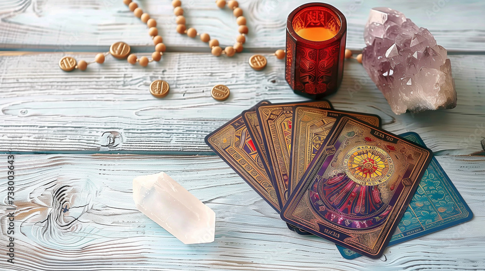 Tarot and oracle card spread on white wooden table with candle and ...