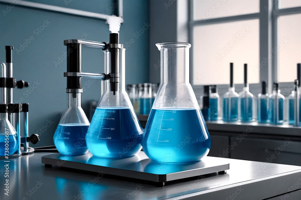 Equipment for electrolysis and conical flasks with blue acid in ...
