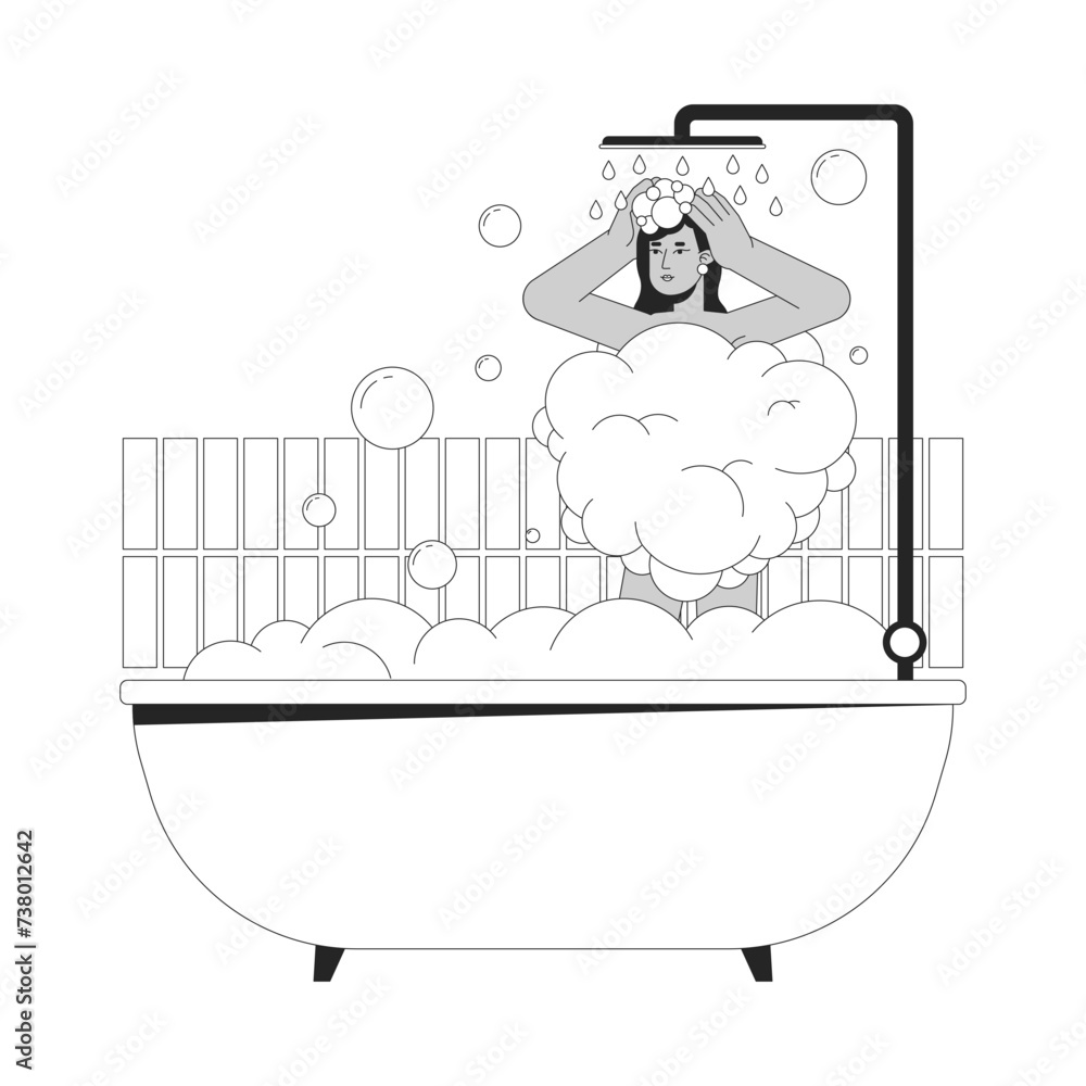 South Asian Woman Showering In Bathtub Black And White 2d Line Cartoon