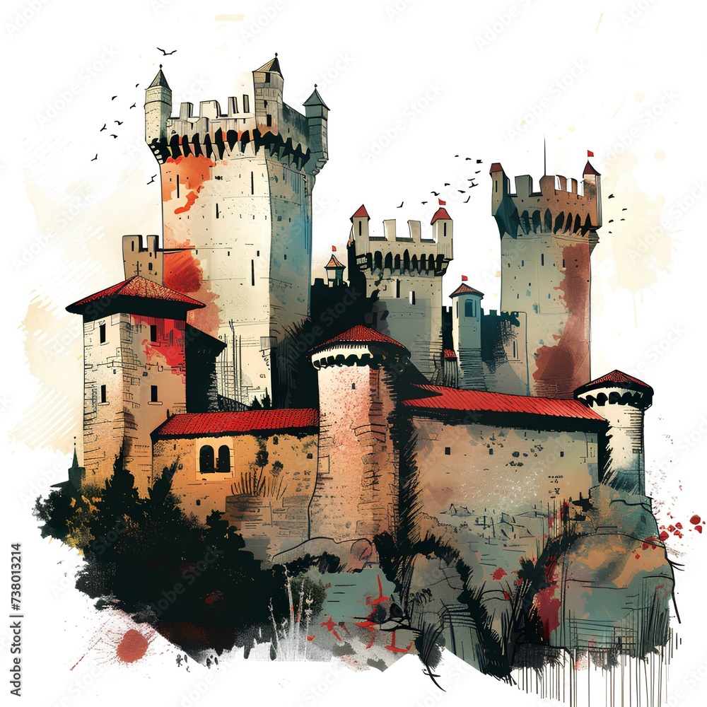 Graphical Foix Castle ,French medieval architecture . Color ...