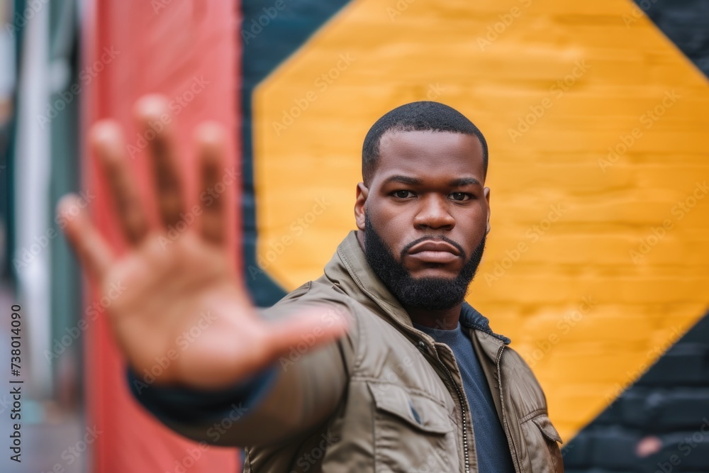Black man extending his hand making a stop sign. Stock Photo | Adobe Stock
