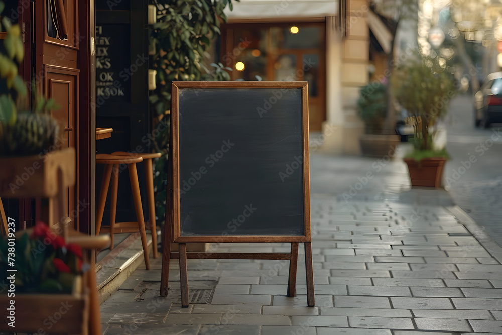 Blank restaurant shop sign or menu boards near the entrance to ...