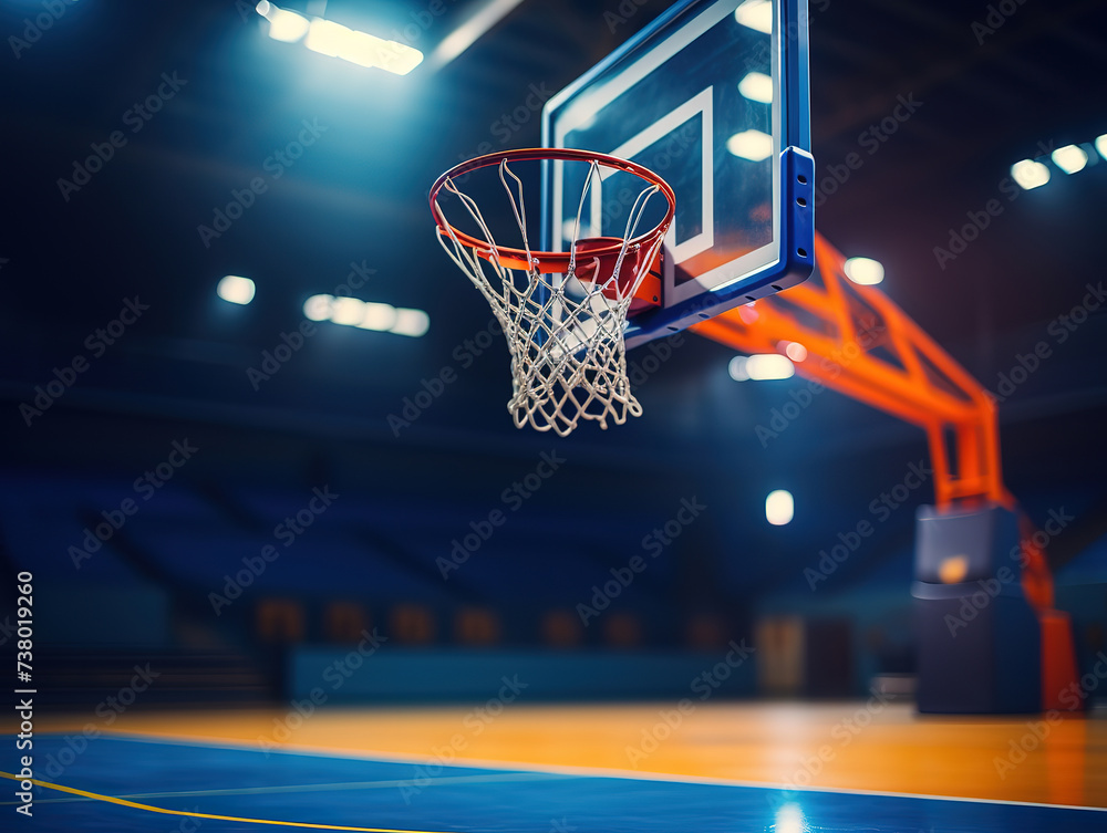 Basketball court illuminated with stadium lights, scoreboard and ...
