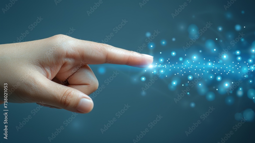 Hand pointing forward, illuminated by vibrant blue beams of light ...