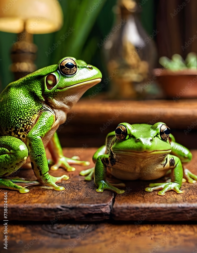 Twin Green Frogs in Harmony showcases two vibrant frogs with expressive ...