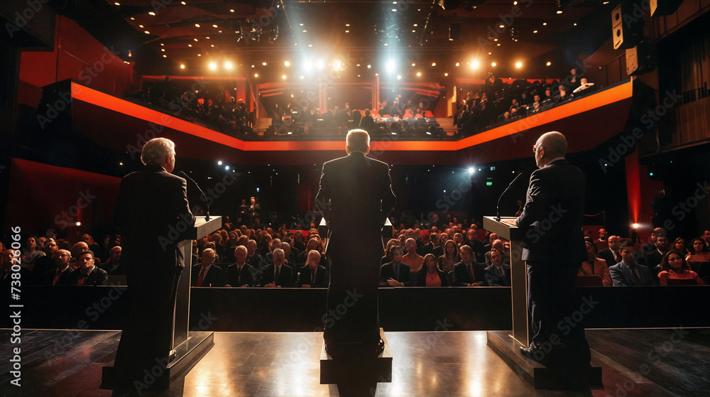 Three Politicians Engaged in a Debate on Stage with a Focused Audience ...