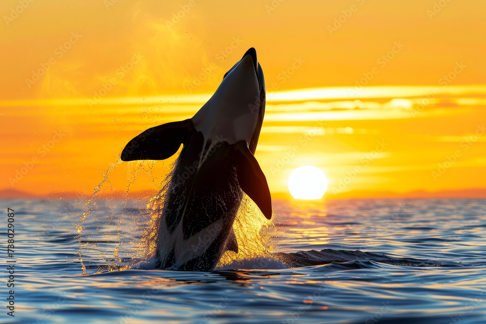 Orca Breaching Against the Sunset Sky. A Magnificent Sight. Stock Photo ...
