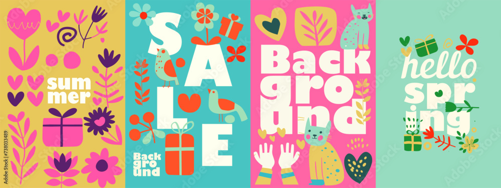 Hello spring. Set of four naive-style vector illustrations designed for ...