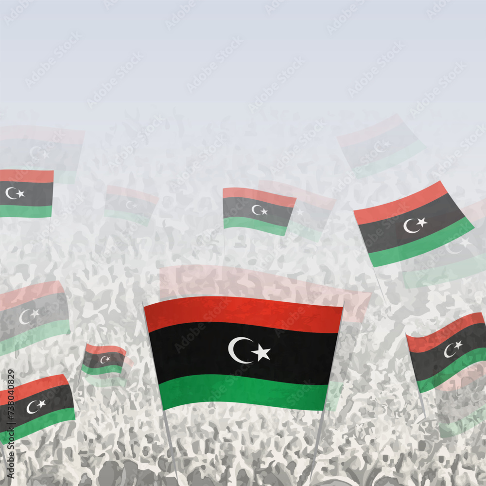 Crowd of people waving flag of Libya square graphic for social media ...