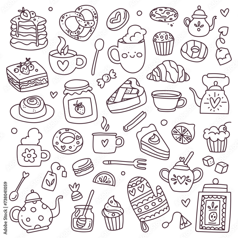 Hand drawn set of bakery and baking elements, teatime. Doodle sketch ...