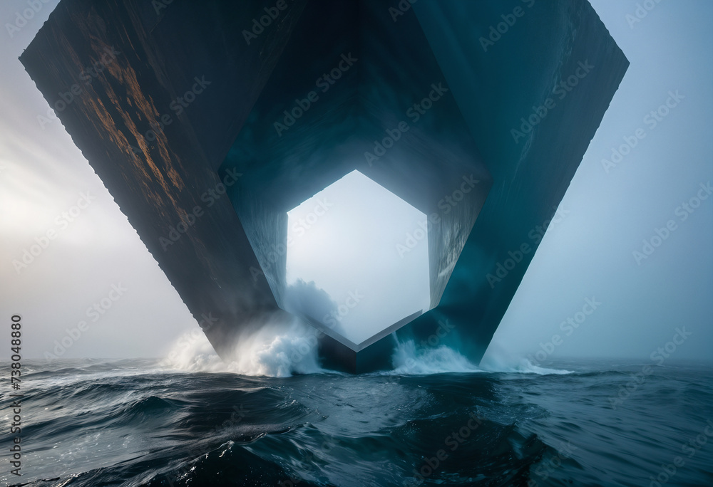 massive structure resembling a cube or octagon sits atop the ocean ...