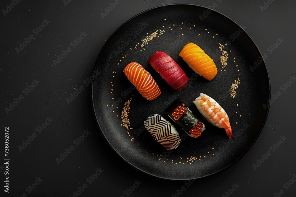 Indulge in the exquisite beauty of Japanese sushi on a black and ...