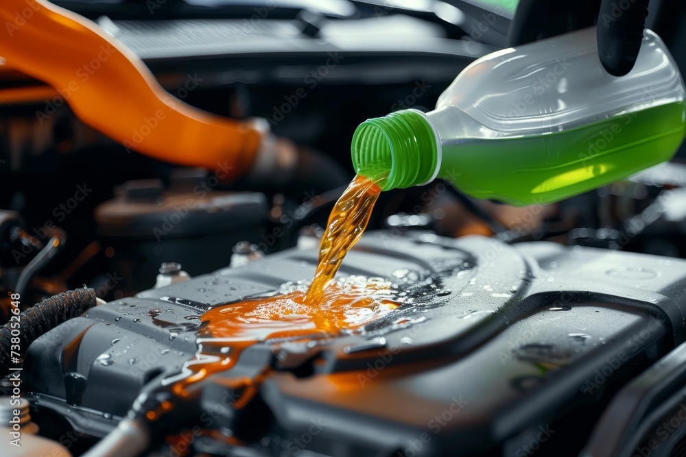Fresh engine oil being poured during a service maintenance ...