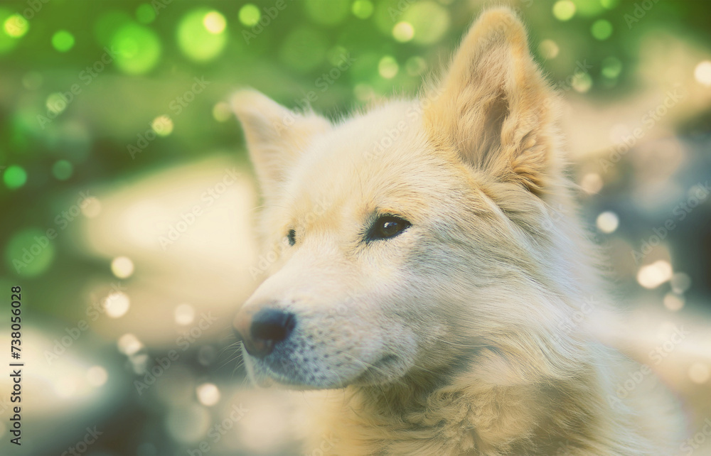 Portrait of the white siberian samoyed husky dog with heterochromia ...