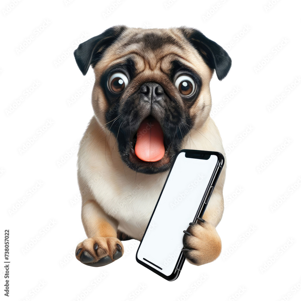 Pug with Smartphone Shock - A cute pug dog expressing surprise while ...