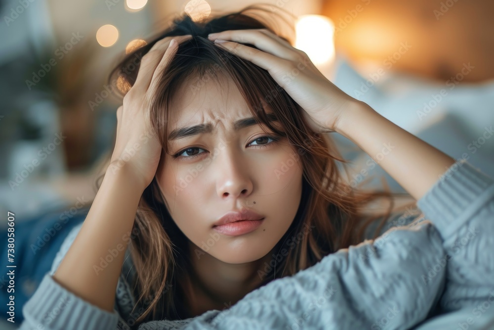 A young woman looks troubled, placing her hands on her forehead ...