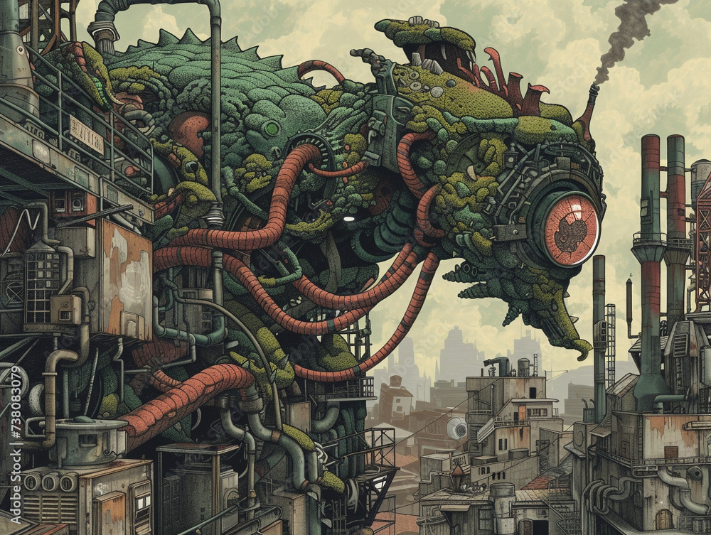 An intricate illustration capturing the synergy between a junkyard ...