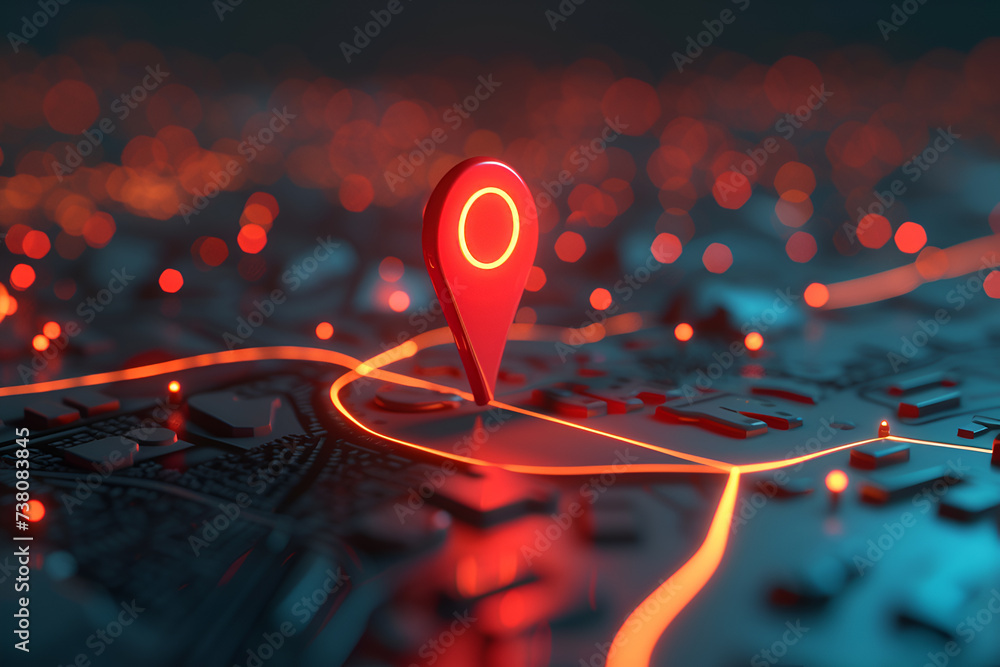 Red icon of the location on the digital map marking your destination ...