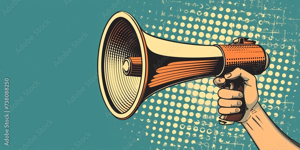 Vintage collage element of a halftone speaker held in hand, featuring a ...