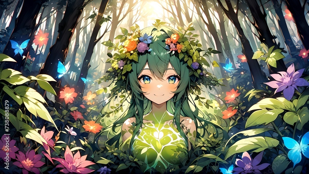 anime girl, dryad, against a forest background, anime wallpaper, plants ...