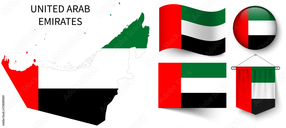The various patterns of the UAE national flags and the map of UAE's ...