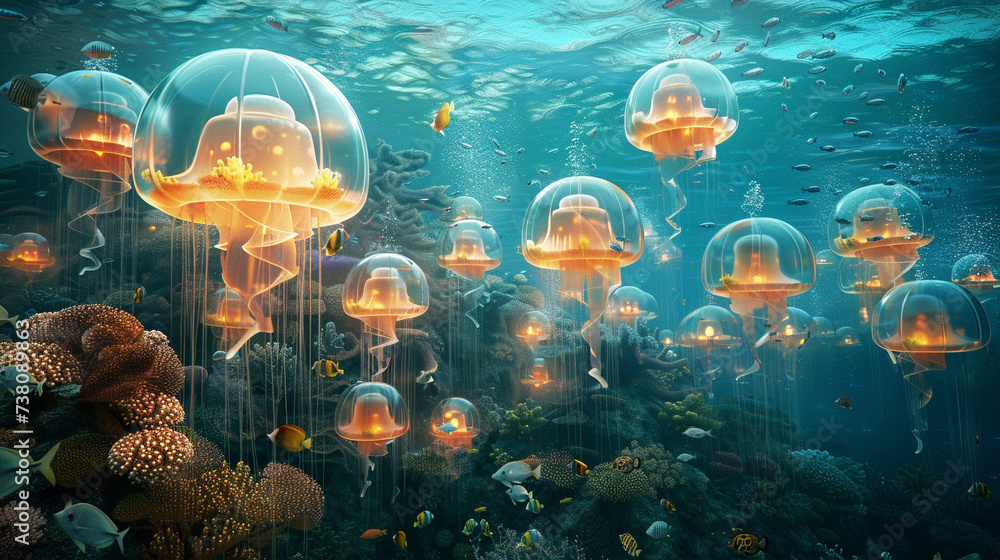 An underwater paradise where jellyfish shaped houses float gracefully ...