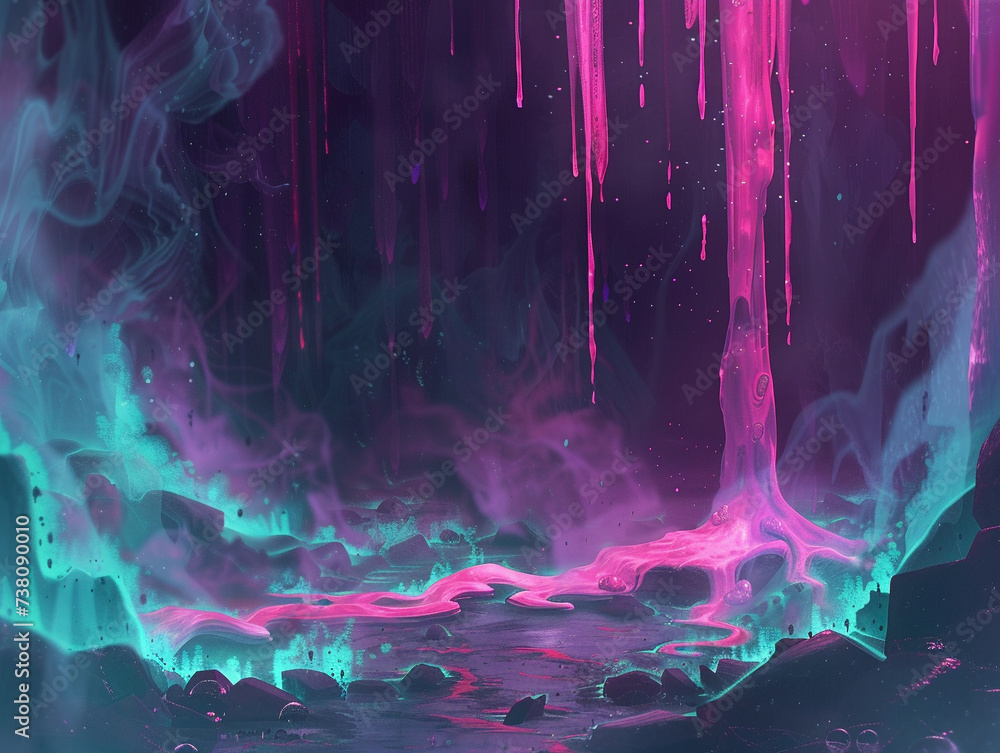 Compose an ethereal illustration featuring radiant neon slime dripping ...