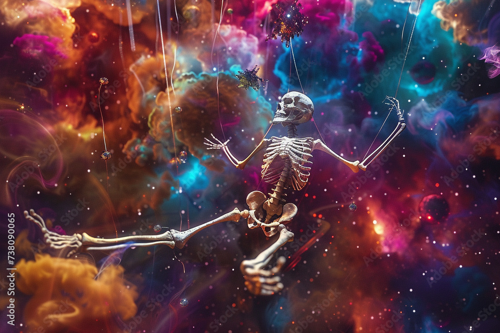 Construct a mesmerizing artwork that depicts a skeleton marionette ...