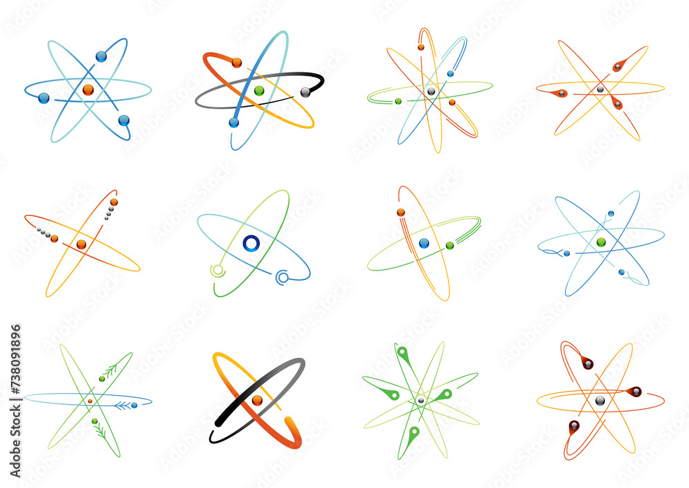 Atom symbols of nuclear energy icon set. Scientific research and ...